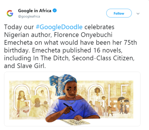 Late Nigerian novelist, Buchi Emecheta celebrated by Google Doodle ...