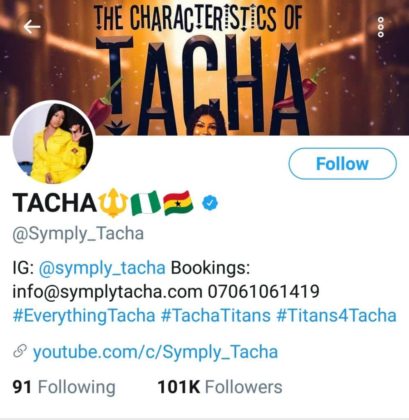 Tacha gets verified on twitter days after CEO, Jack Dorsey followed her ...