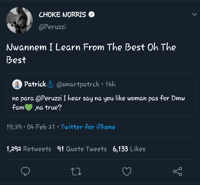 Peruzzi reveals he learnt the art of womanizing from Davido; he reacts Peruzzi reveals he learnt the art of womanizing from Davido; he reacts