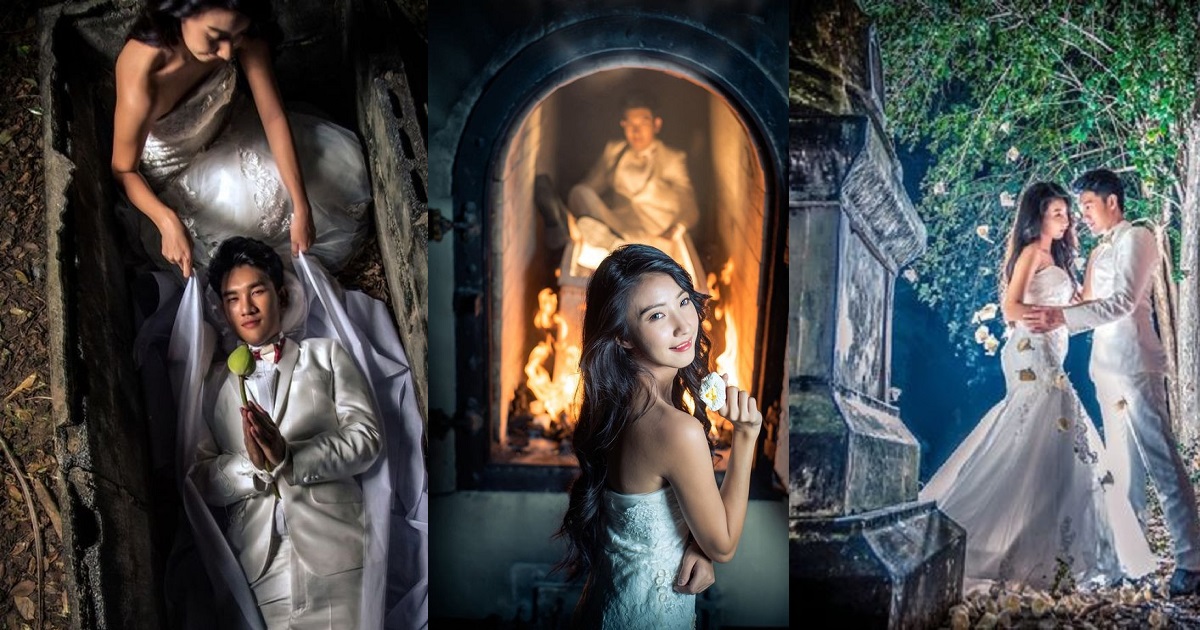 Bride and groom pose in coffins and have 'fake cremation' in funeral ...