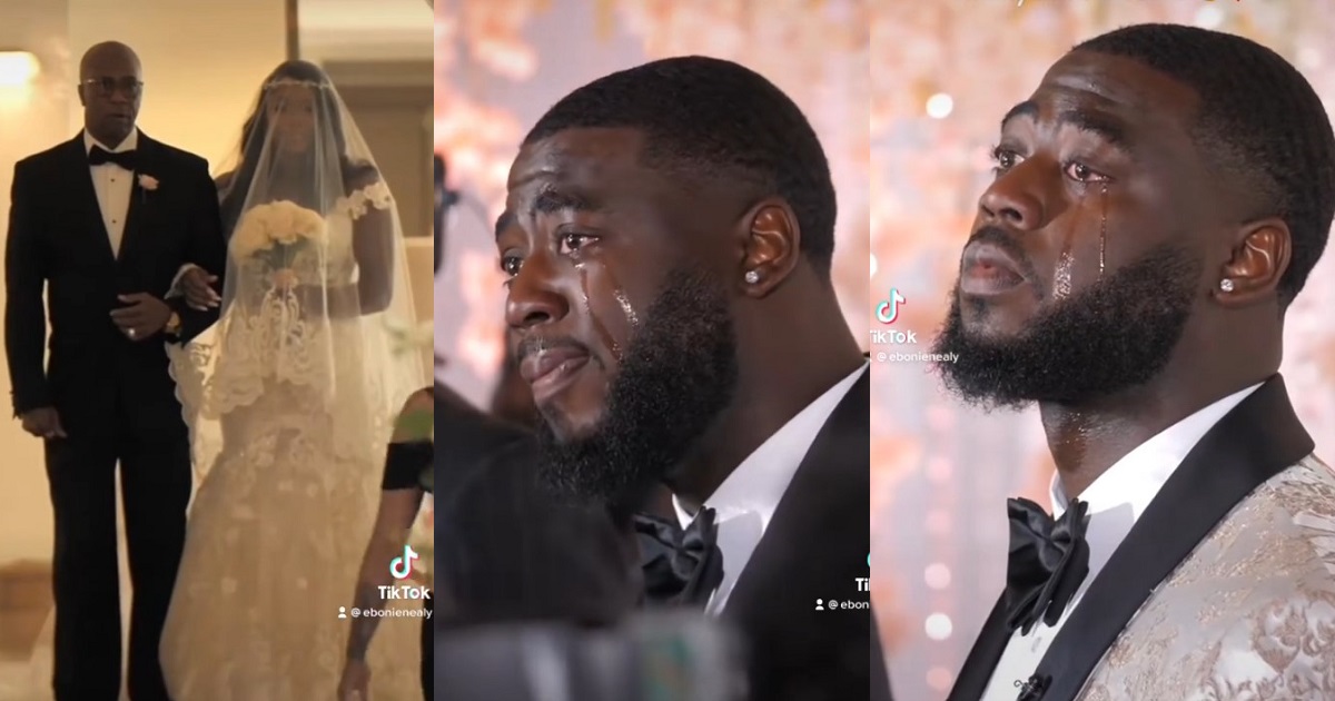Moment a groom cried profusely as his bride walked down the aisle at ...