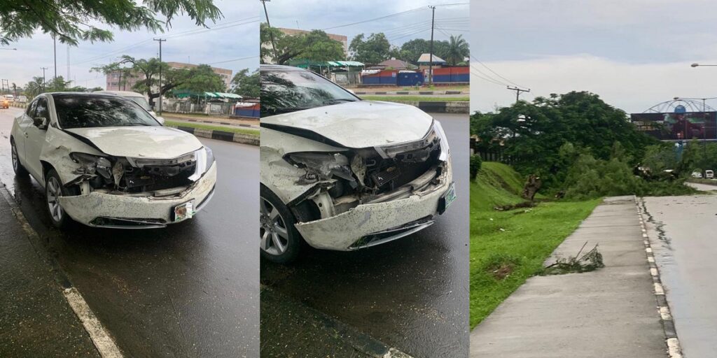 Driver narrowly escapes death as tree falls on car in Calabar (Photos) Driver narrowly escapes death as tree falls on car in Calabar (Photos)