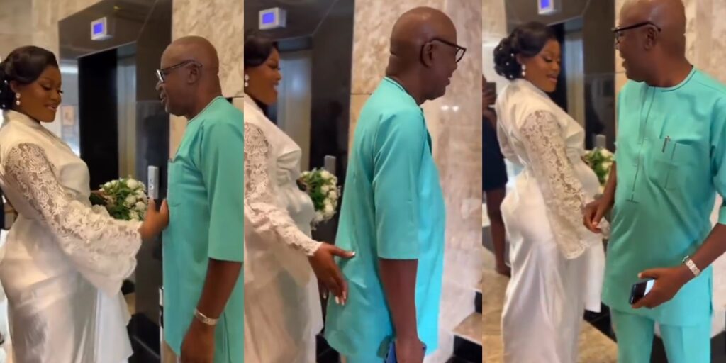 Bride causes a stir as she playfully taps her father's bum on her ...
