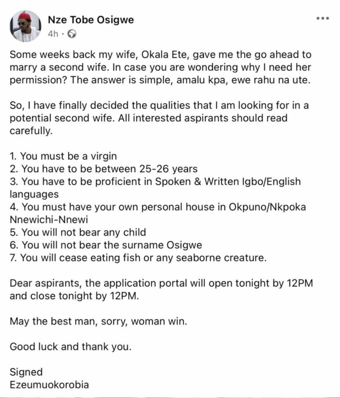 Man Shares The Seven Criteria A Lady Must Meet To Become His Second ...