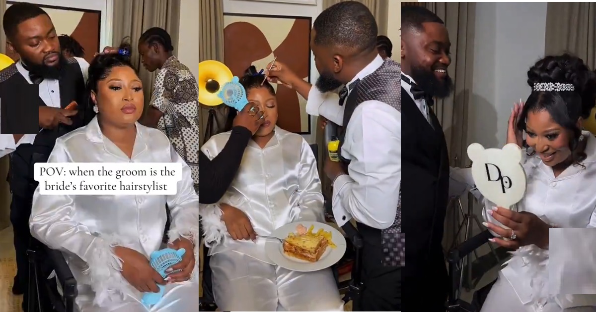 Netizens amazed as groom styles wife's hair on their wedding day (VIDEO ...