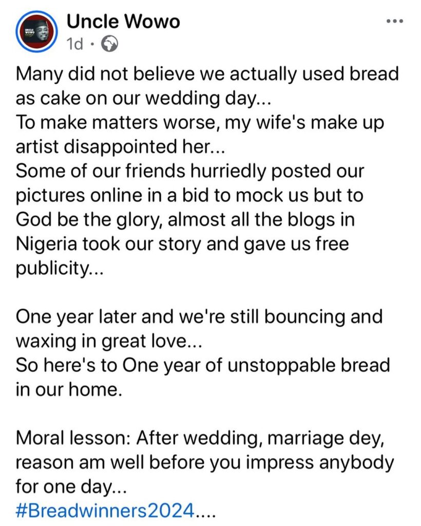"Breadwinners" – Reactions as Man Uses Bread as Wedding Cake and to ...