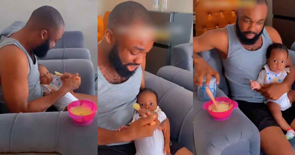 "Who is feeding whom?" – Toddler refuses to eat and holds onto the spoon after dad attempts to ...