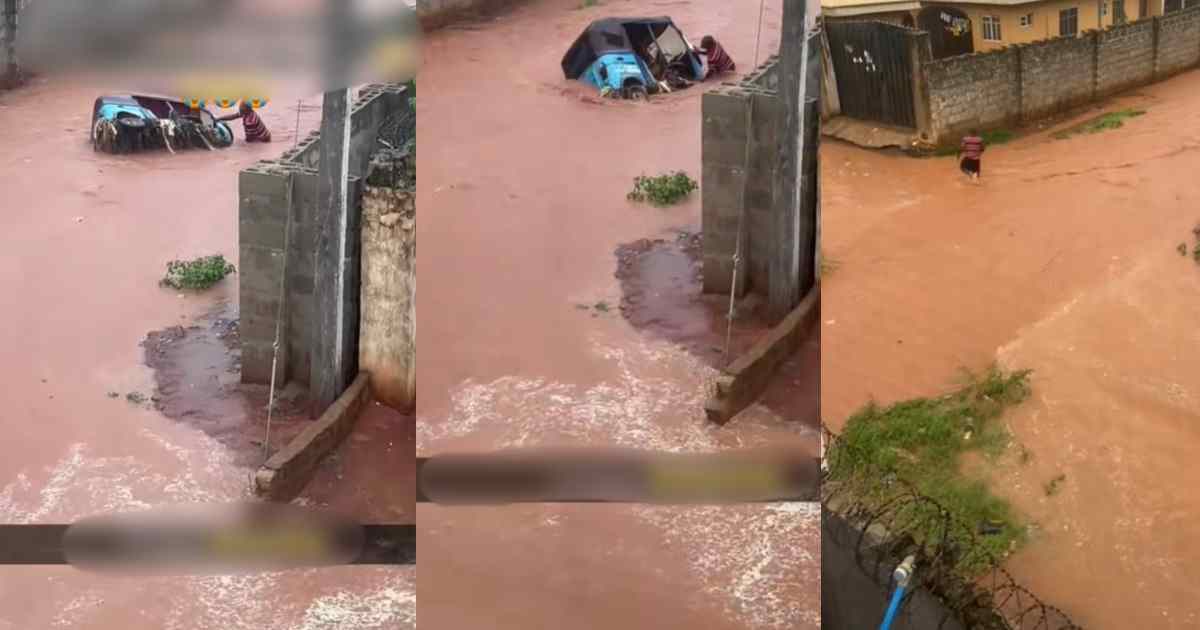 Heartbrɘaking moment a man l0ses his Keke Napep in floodwaters at Asaba ...